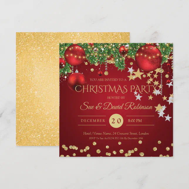 Elegant Gold Red Glitter Christmas Holiday Party Invitation | Zazzle