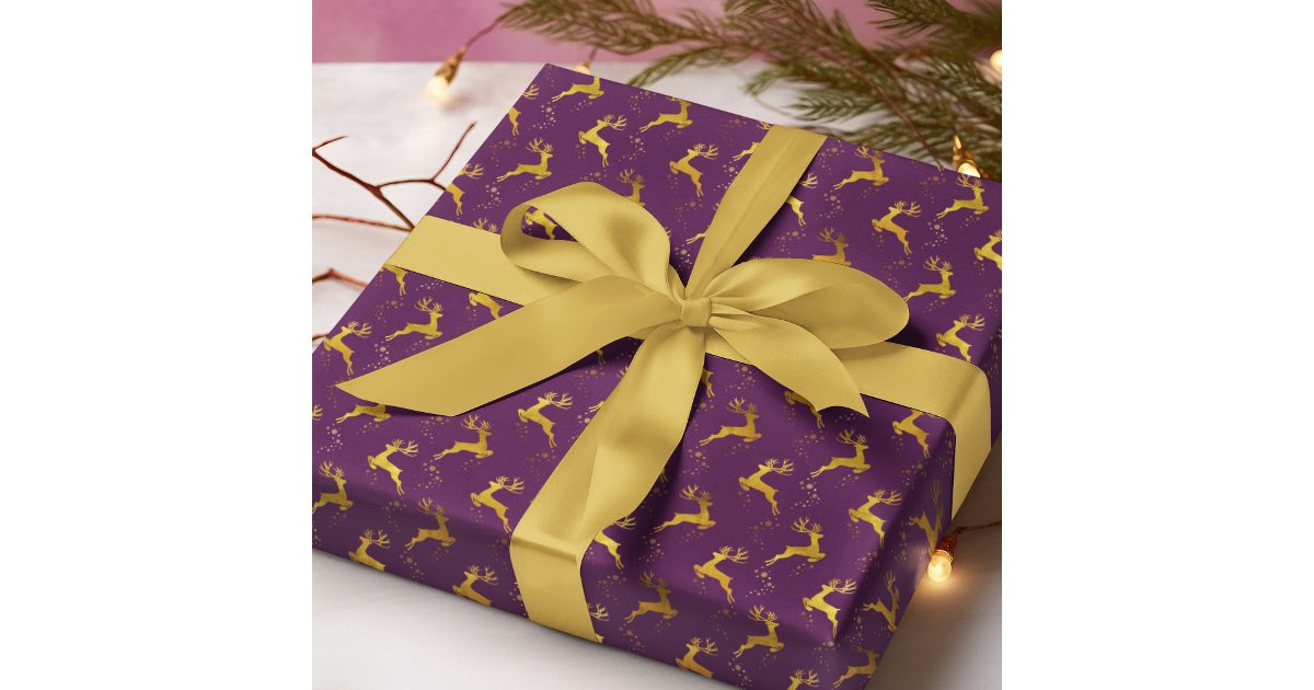 Elegant Gold Reindeer Purple Christmas Holiday Wrapping Paper | Zazzle