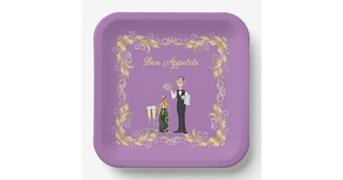 Elegant Gold Rim with Funny Butler Paper Plates | Zazzle