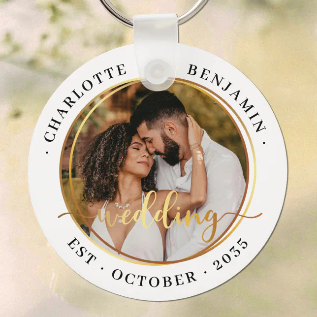 Elegant Gold Rings Couple Photo White Wedding Keychain | Zazzle
