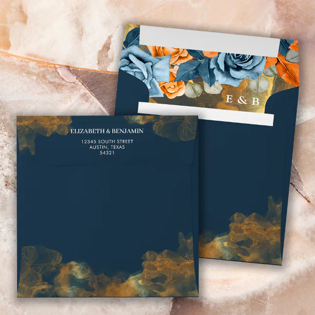 Elegant Gold Rustic Boho Navy And Rust Wedding Envelope | Zazzle