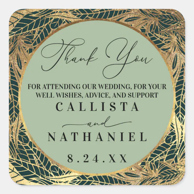 Elegant Gold Sage Green Greenery Leaves Wedding Square Sticker | Zazzle
