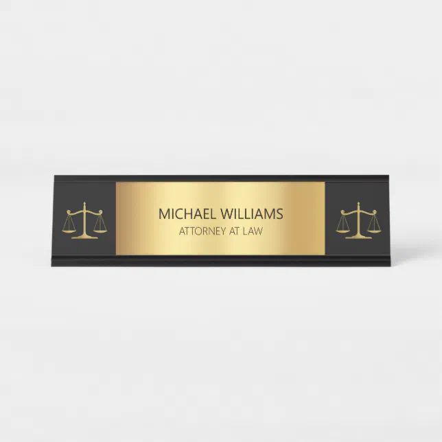 Elegant Gold Scales of Justice Typography Lawyer Desk Name Plate | Zazzle
