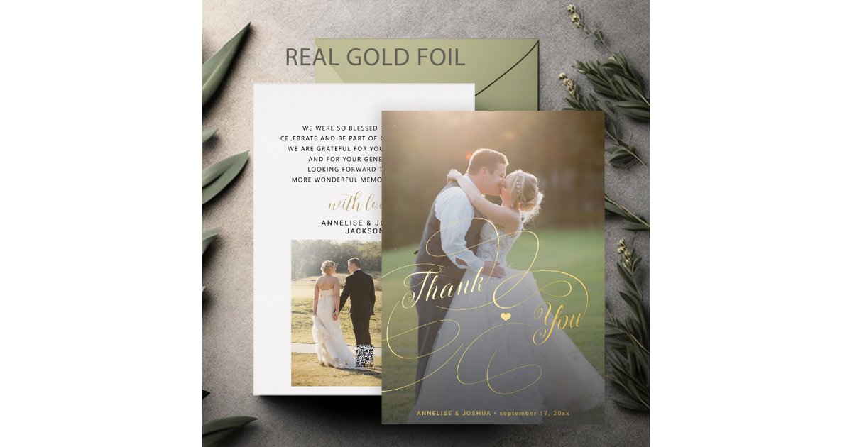 Elegant gold script 2 photo wedding thank you card | Zazzle
