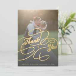 Elegant gold script 2 photos wedding thank you card | Zazzle