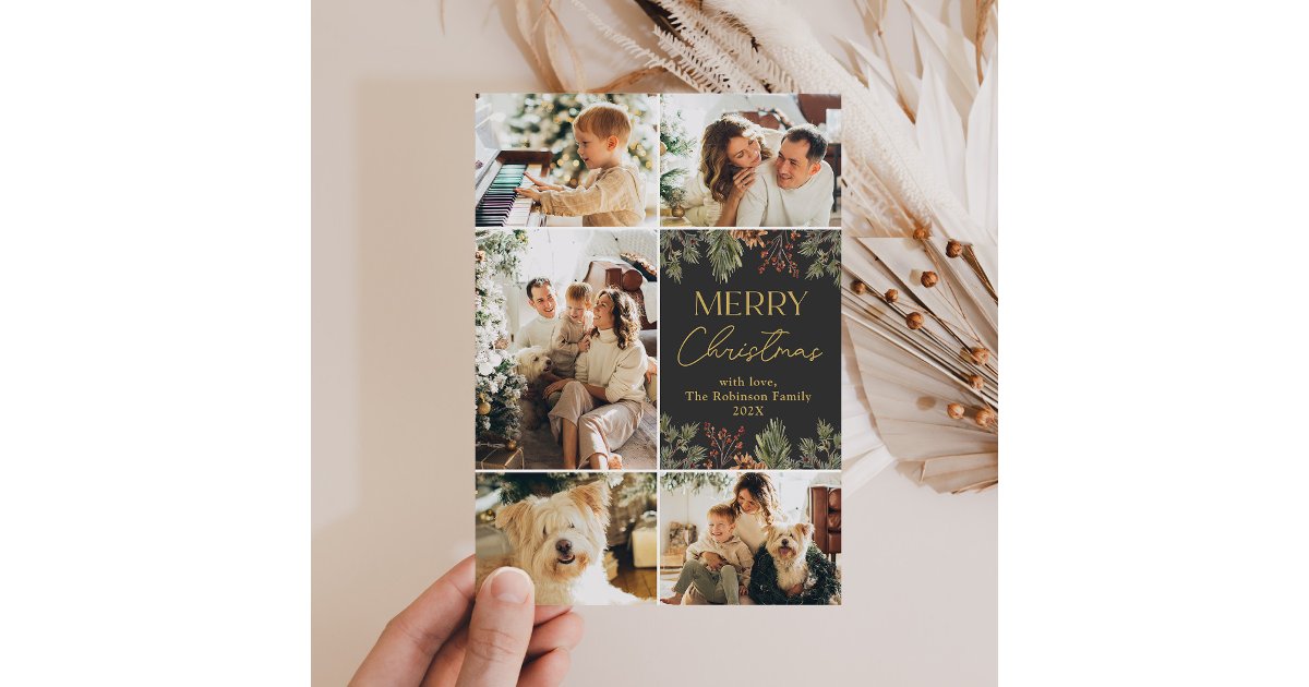 Elegant Gold Script 5 Photo Christmas Card | Zazzle