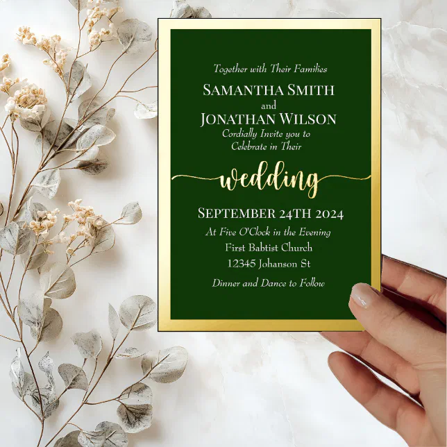 Elegant Gold Script and Frame on Green Wedding Foil Invitation | Zazzle