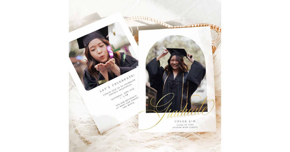 Elegant Gold Script Arch Graduation Photo Announcement | Zazzle