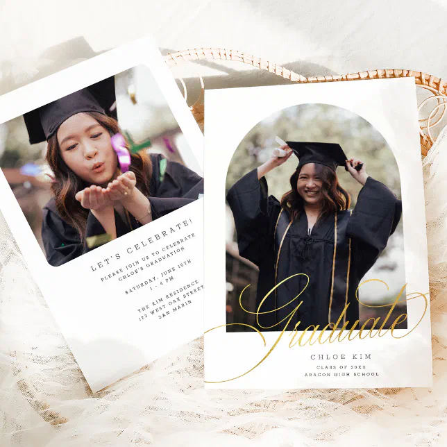 Elegant Gold Script Arch Graduation Photo Announcement | Zazzle