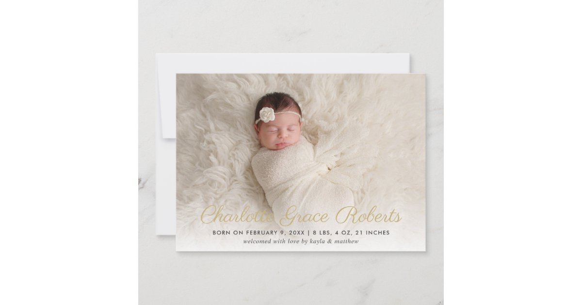 Elegant Gold Script Baby Girl Photo Birth Announcement | Zazzle