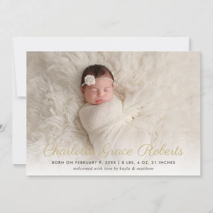 Elegant Gold Script Baby Girl Photo Birth Announcement | Zazzle