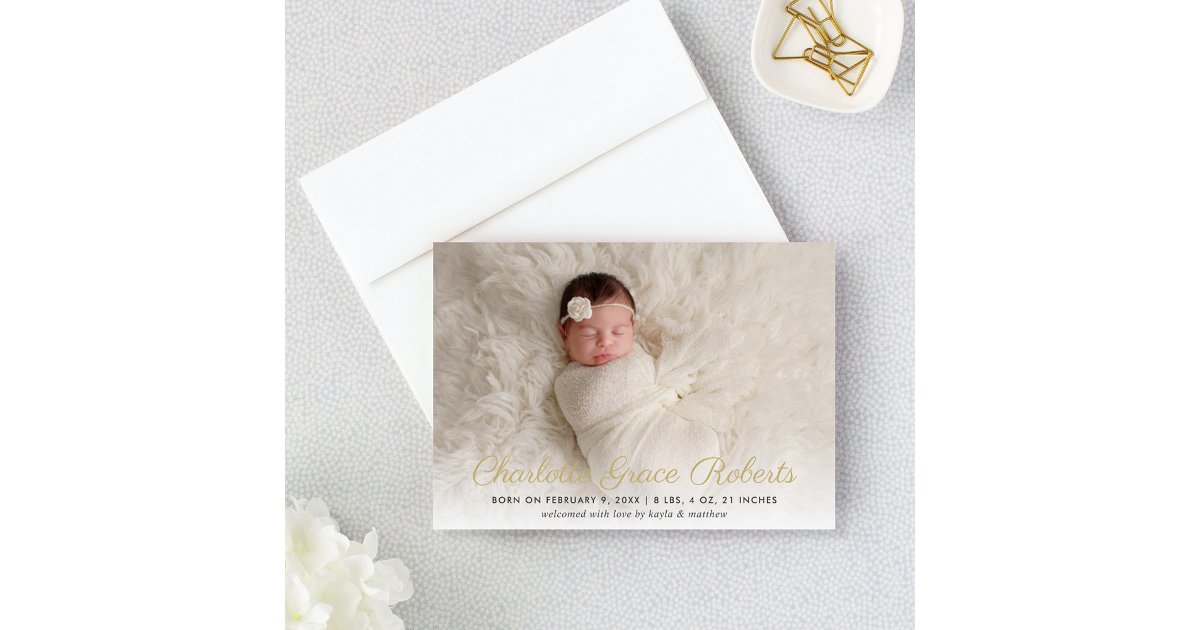 Elegant Gold Script Baby Girl Photo Birth Announcement | Zazzle