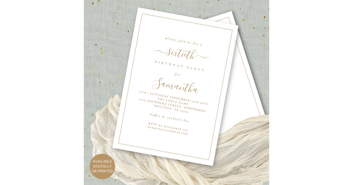 Elegant Gold Script Border 60th Birthday Party Invitation | Zazzle
