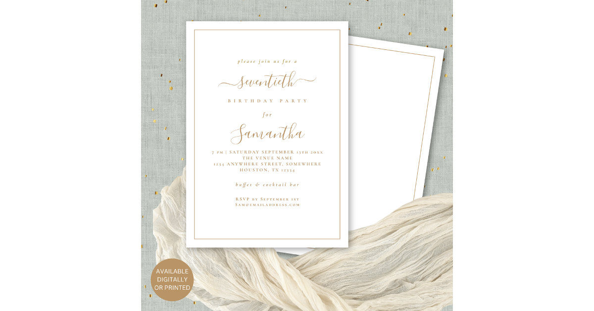 Elegant Gold Script Border 70th Birthday Party Invitation | Zazzle