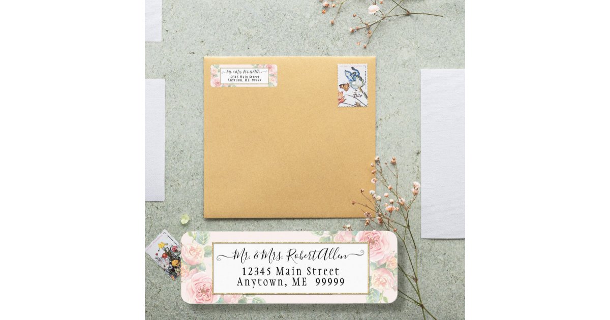 Elegant Gold Script Botanical Pink Rose n Greenery Label | Zazzle