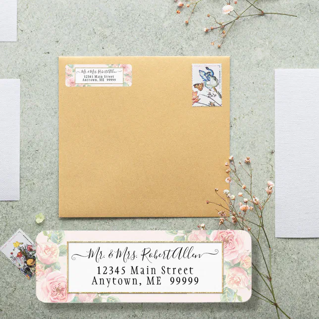 Elegant Gold Script Botanical Pink Rose n Greenery Label | Zazzle