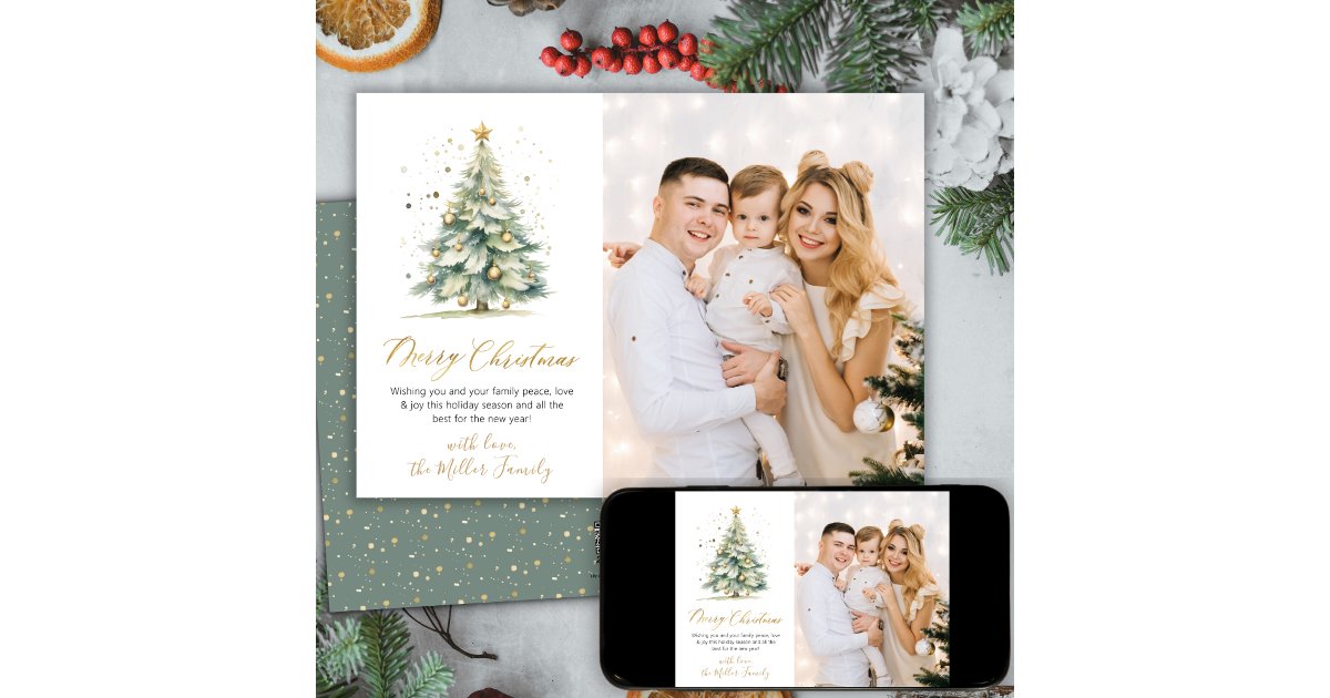 Elegant Gold Script Christmas Tree One Photo Holiday Card | Zazzle