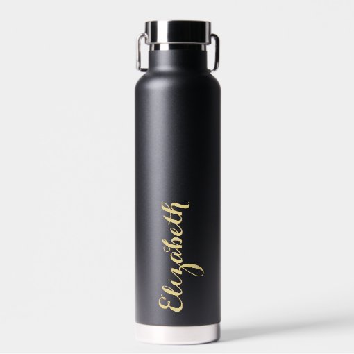 Elegant Gold Script Custom Name Monogrammed Black Water Bottle | Zazzle