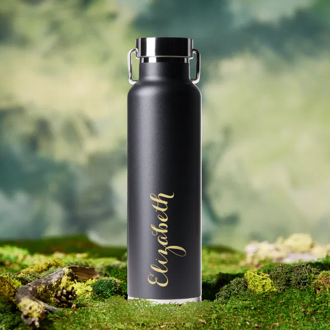 Elegant Gold Script Custom Name Monogrammed Black Water Bottle | Zazzle