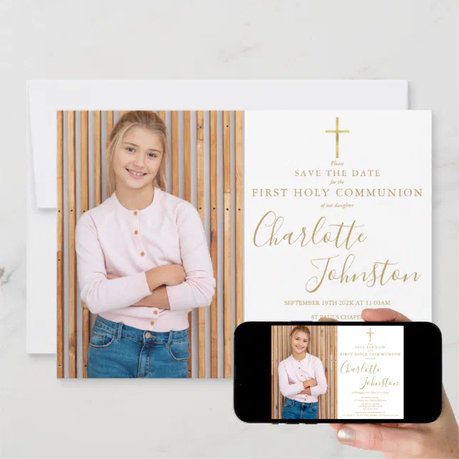 Elegant Gold Script First Holy Communion Photo Save The Date | Zazzle