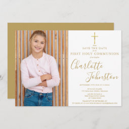 Elegant Gold Script First Holy Communion Photo Save The Date | Zazzle