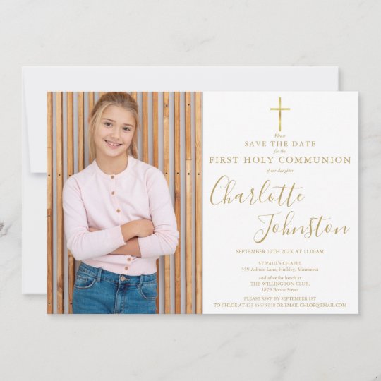 Elegant Gold Script First Holy Communion Photo Save The Date | Zazzle.com