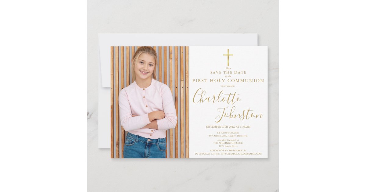 Elegant Gold Script First Holy Communion Photo Save The Date | Zazzle