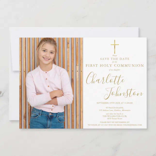 Elegant Gold Script First Holy Communion Photo Save The Date | Zazzle