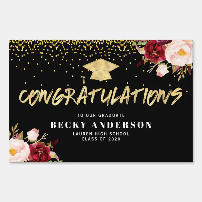 Elegant gold script floral graduation yard sign | Zazzle