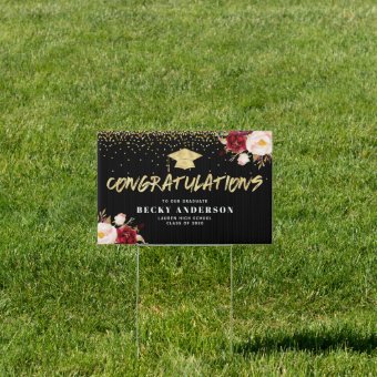 Elegant gold script floral graduation yard sign | Zazzle