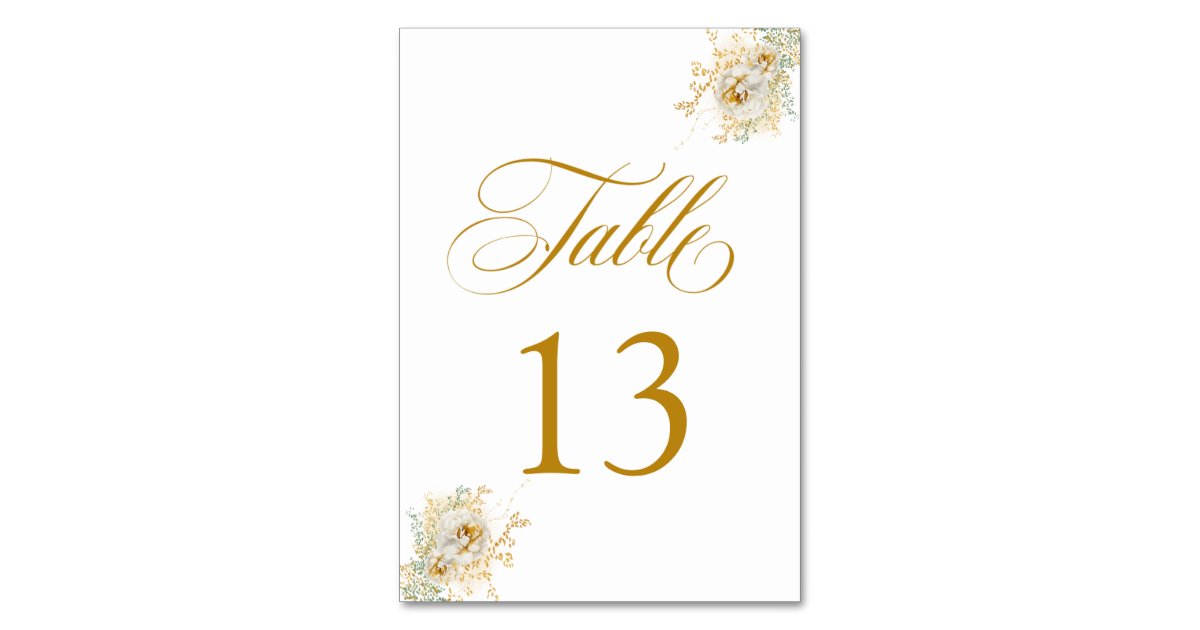 Elegant Gold Script Floral Wedding Table Number 13 | Zazzle