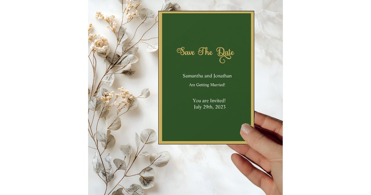 Elegant Gold Script Frame Green save the date card | Zazzle
