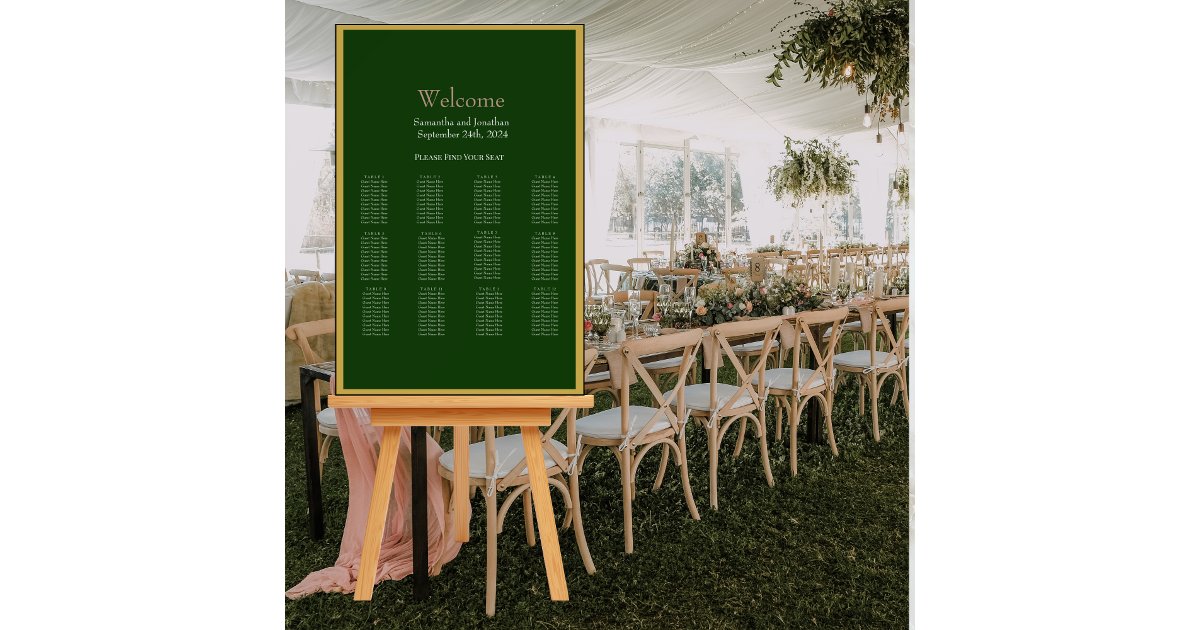 Elegant Gold Script & Frame on Green Seating Chart Foam Board | Zazzle