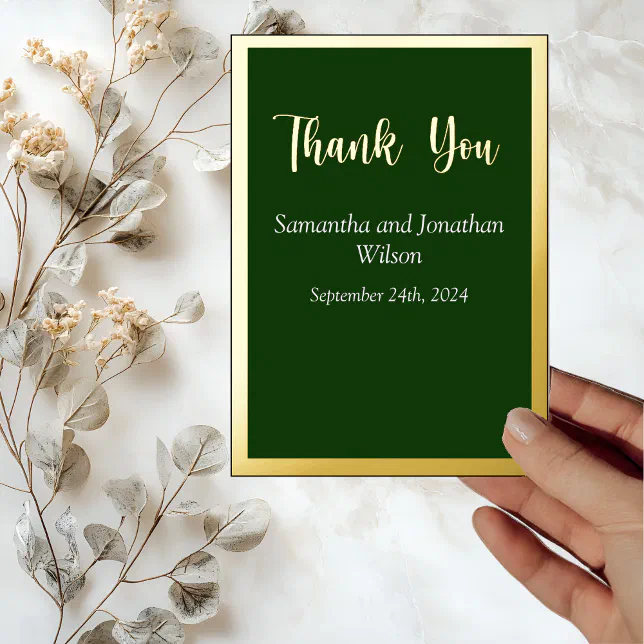 Elegant Gold Script Frame on Green Thank You Card | Zazzle