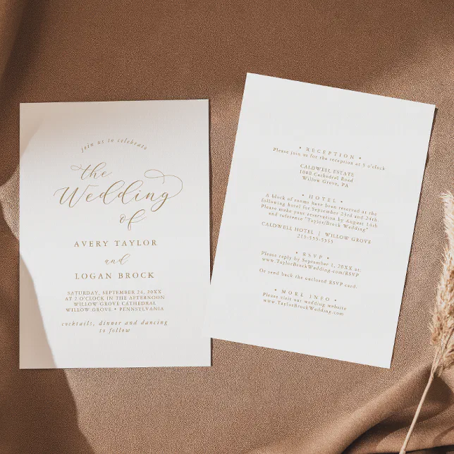 Elegant Gold Script Front Back Wedding Invitation | Zazzle
