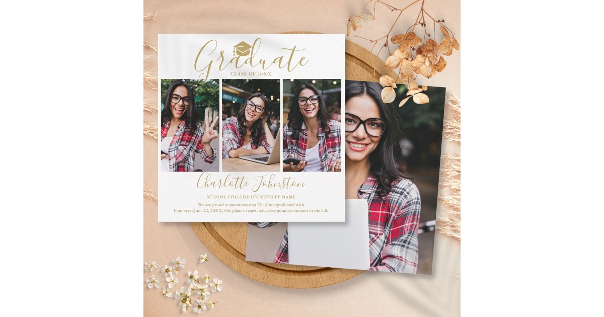 Elegant Gold Script Graduate 4 Photo Graduation Announcement | Zazzle
