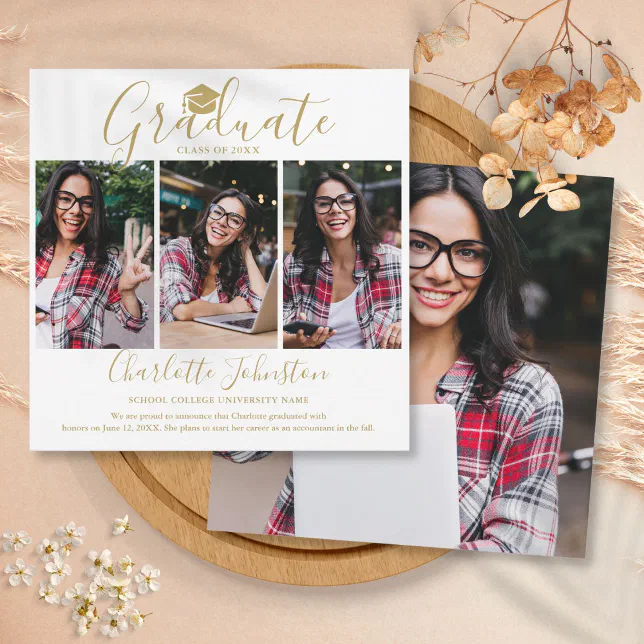 Elegant Gold Script Graduate 4 Photo Graduation Announcement | Zazzle