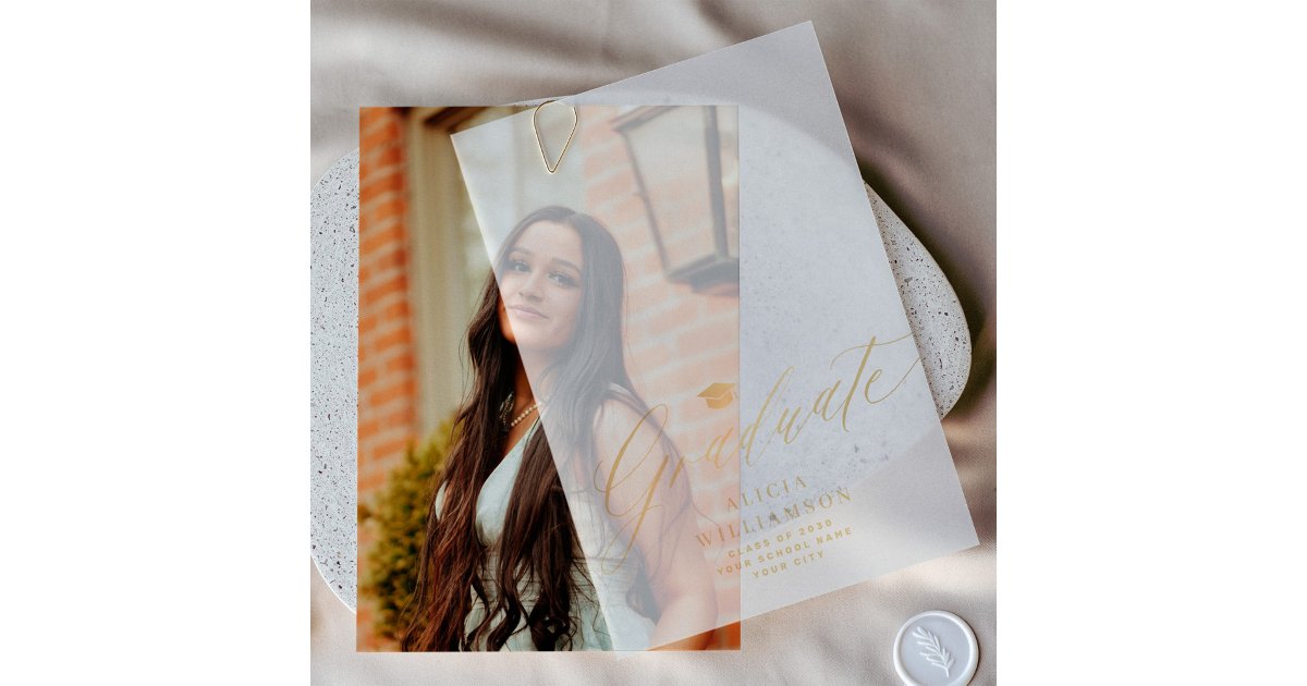 Elegant gold script graduate cap graduation vellum invitations | Zazzle