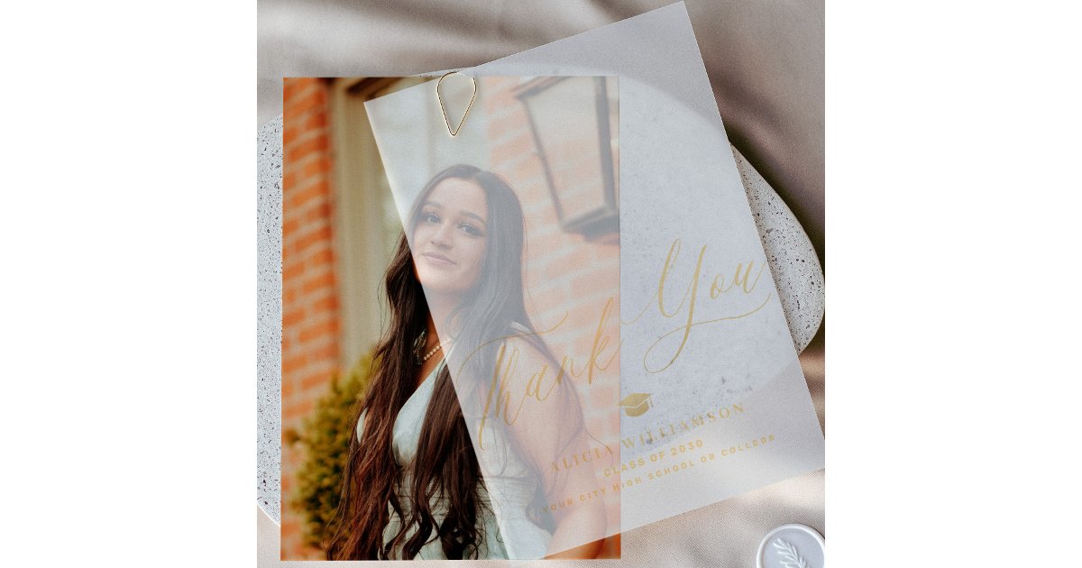 Elegant gold script graduation thank you overlay vellum invitations ...