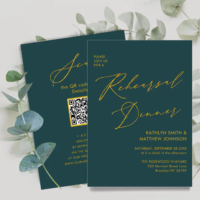 Elegant Gold Script Green Rehearsal Dinner QR code Invitation | Zazzle