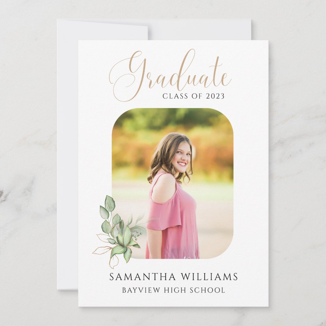 Elegant Gold Script Greenery Graduation Photo Invitation | Zazzle