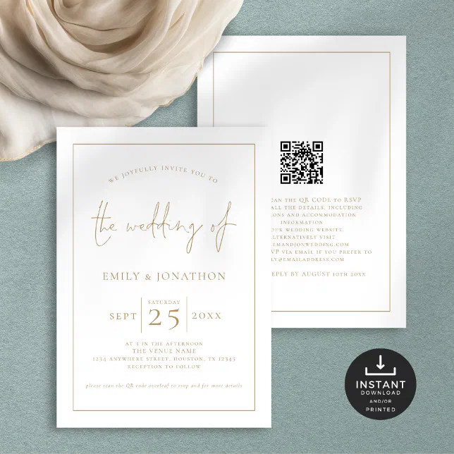 Elegant Gold Script Line Border QR Code Wedding Invitation | Zazzle