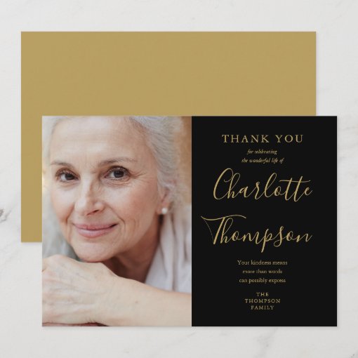 Elegant Gold Script Memorial Funeral Photo Thank You Card | Zazzle