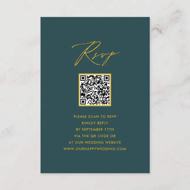 Elegant Gold Script Modern Green QR Wedding RSVP Enclosure Card | Zazzle