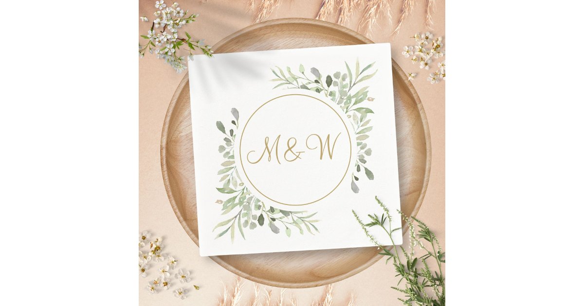 Elegant Gold Script Monogram Initials Greenery Napkins | Zazzle