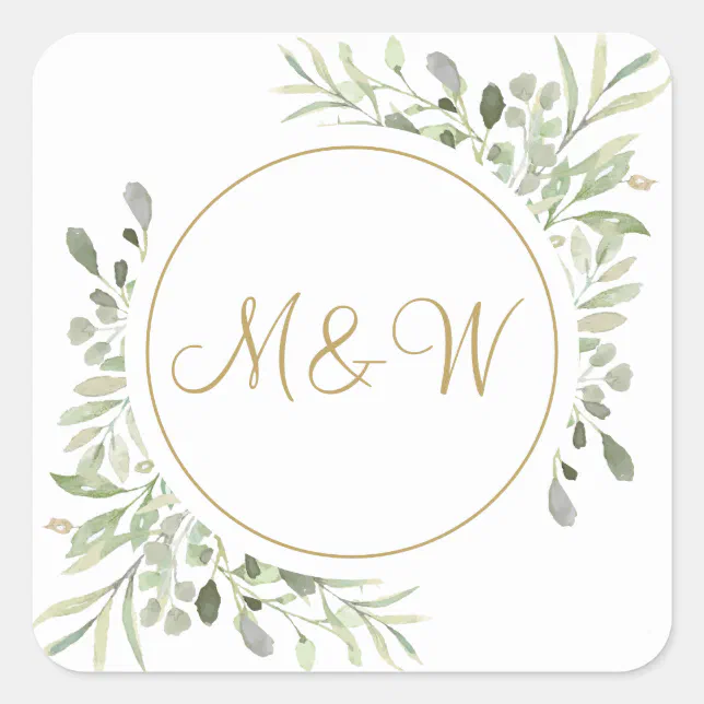 Elegant Gold Script Monogram Initials Greenery Square Sticker | Zazzle