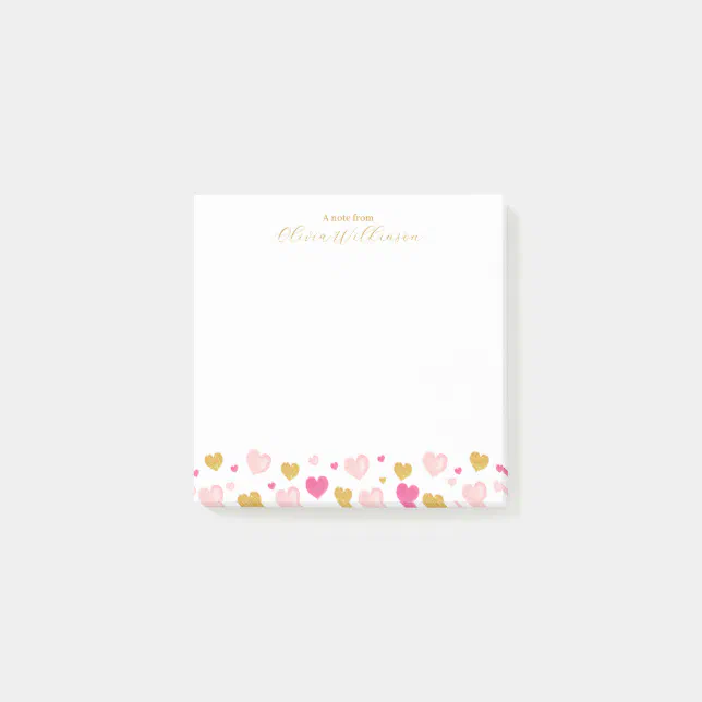 Elegant Gold Script Name| Watercolor Hearts Post-it Notes | Zazzle