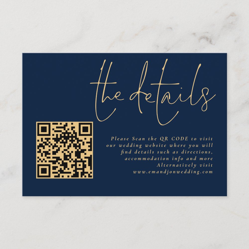 Elegant Gold Script Navy QR Code Wedding Details Enclosure Card ...