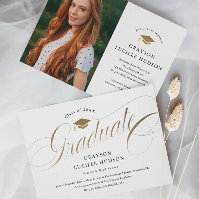 Elegant Gold Script Photo Graduation Invitation | Zazzle