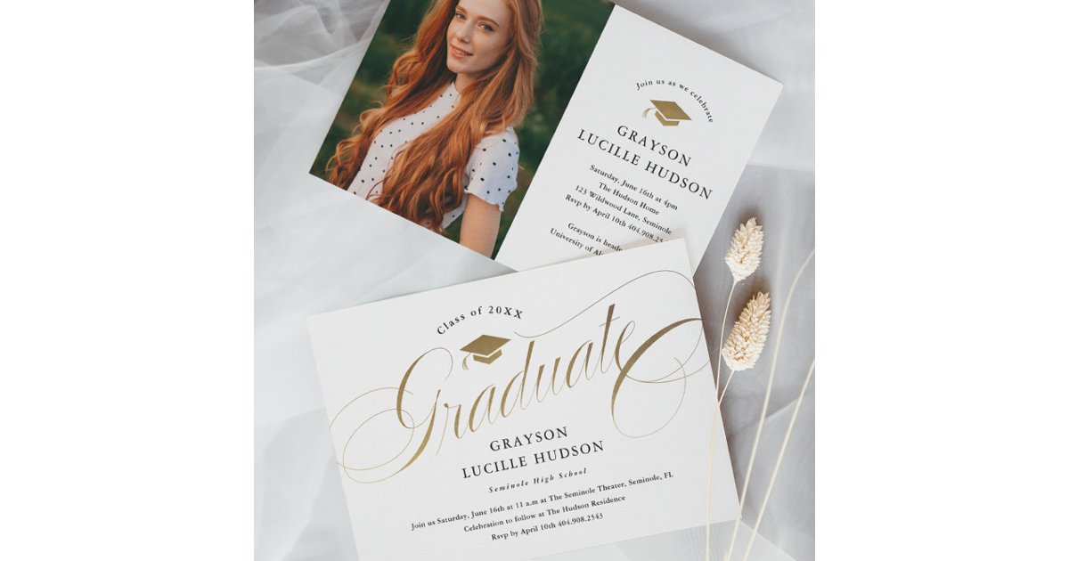 Elegant Gold Script Photo Graduation Invitation | Zazzle